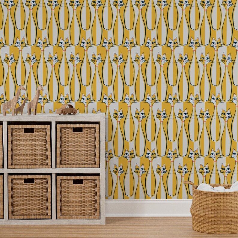 Cat Wallpaper Mod Meow by Studioxtine Yellow Gray Retro - Etsy