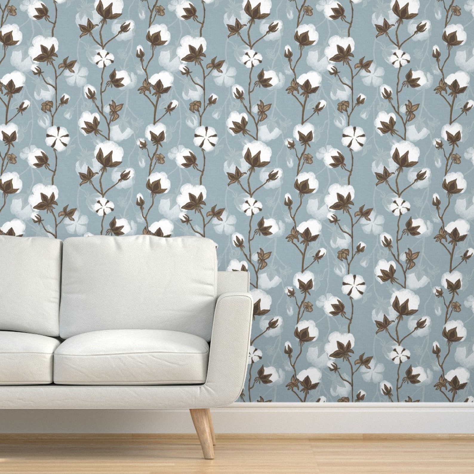 Cotton Wallpaper Cotton Pods on Grey Blue by Katevasilchenko - Etsy