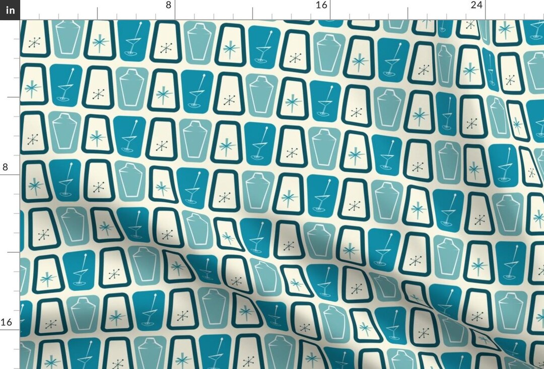 Mid-century Blue Abstract Fabric - Blue Starbursts and Shakers by ...