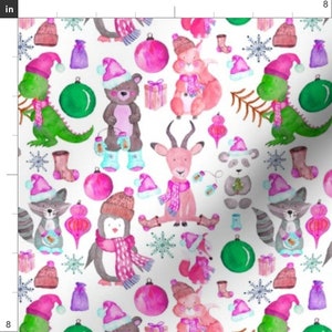 Christmas Animals Fabric Pink Winter Watercolor by - Etsy