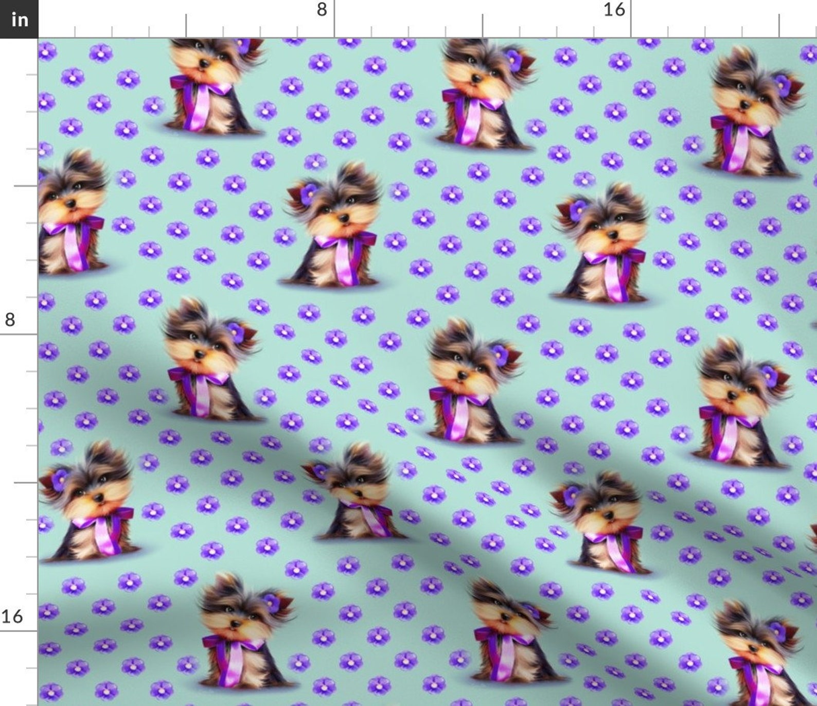 Yorkie Fabric Yorkie Violet Turquoise by Catialee - Etsy