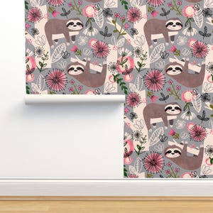 Sloths Wallpaper - Lovable Sloths Large by Sarah Treu - Pink Floral ...