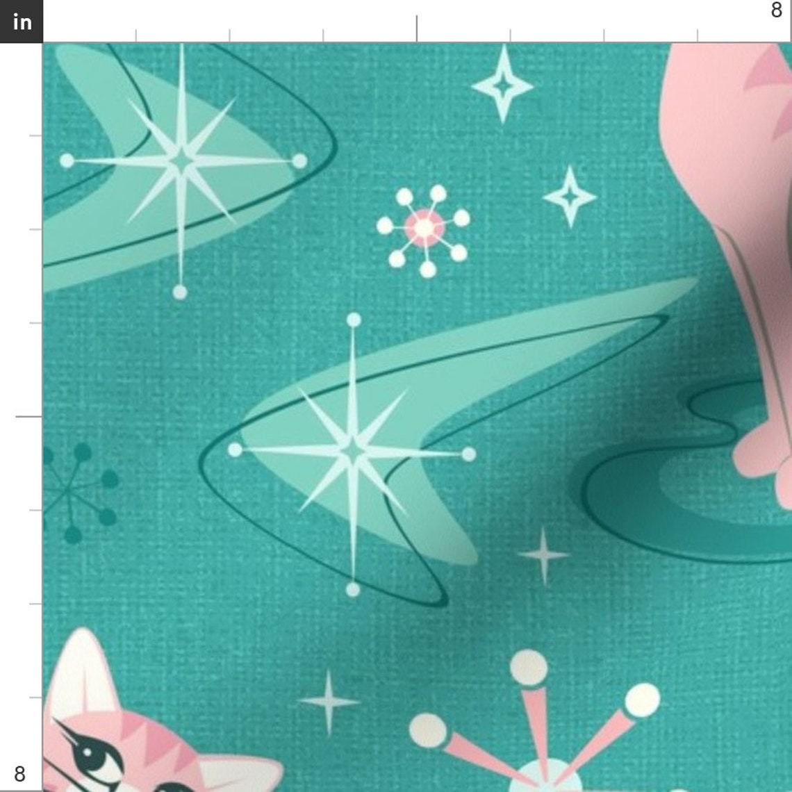 Cat Retro Teal Pink Fabric Kitsch Kitten Collectibles © - Etsy