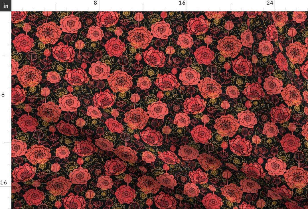 Red Poppy Fabric - Red Poppies on Black by Oksancia - Modern Red Flower ...