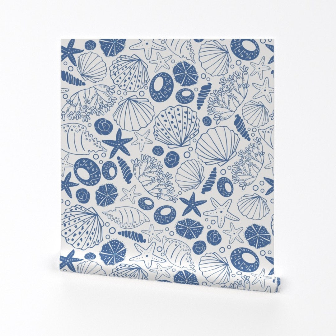 Coastal Wallpaper - Ocean Sea Shells by Diane_rooney - Blue and White ...