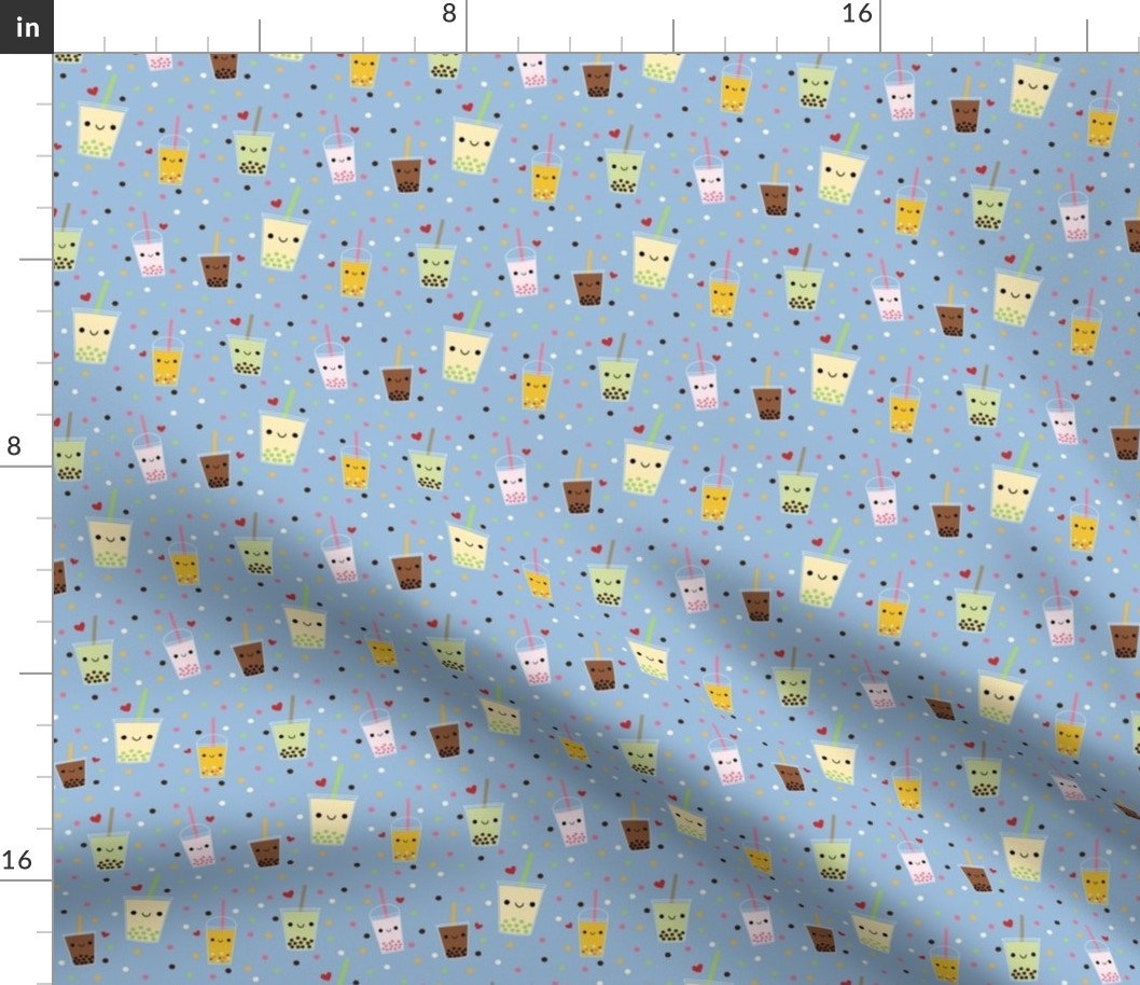 Boba Fabric Happy Boba Bubble Tea Blue by Clayvision - Etsy