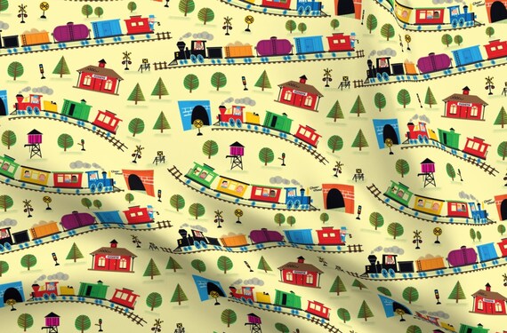Trains on Yellow Fabric Trains Yellow By Edward Elementary | Etsy