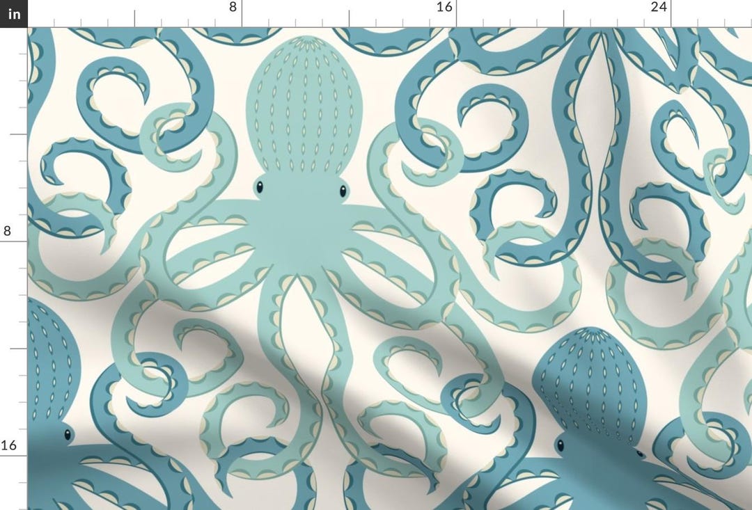 Octopus Damask Fabric - Octopus by Portiamonberg - Coastal Nautical ...
