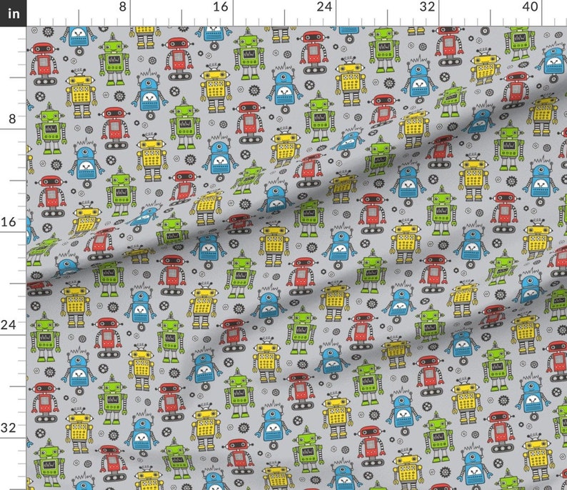 Robot Fabric Boys Cute Robots on Gray by Caja Design - Etsy