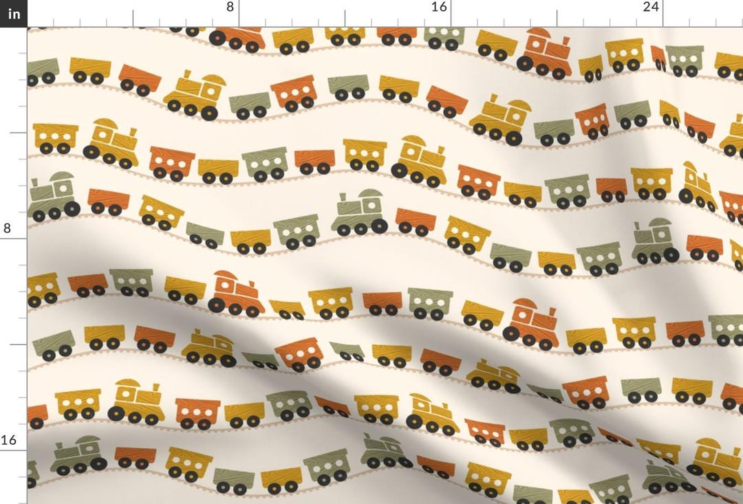 Boho Baby Trains Fabric Little Trains by adehoidar Retro Warm Colors ...