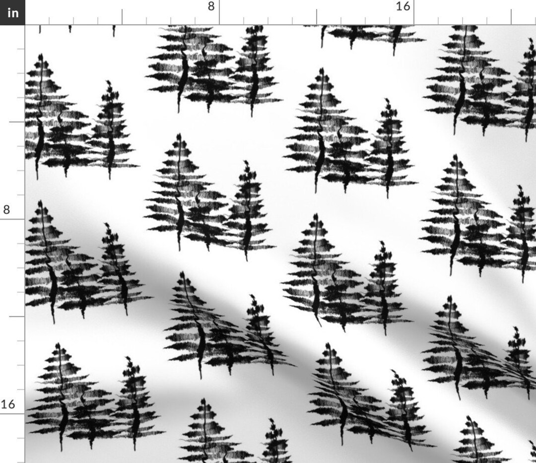 Black White Watercolor Trees Fabric Ink Sketch Trees / - Etsy