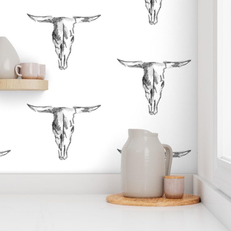 Cow Removable Peel and Stick Wallpaper - Skull Bull Black and White ...
