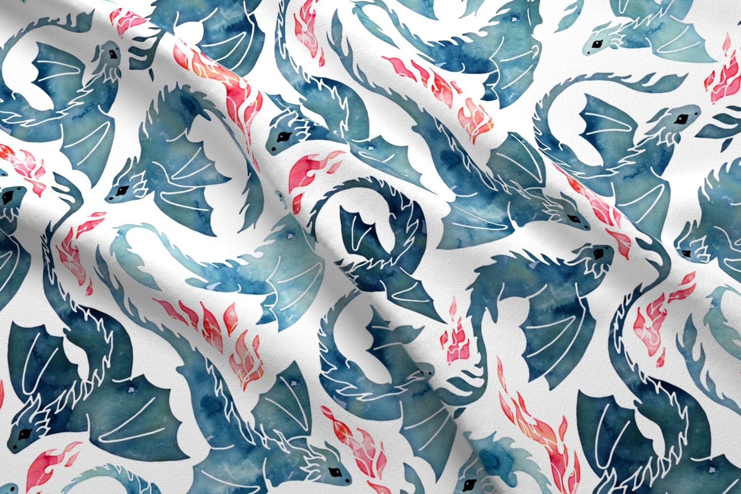 Flying Dragon Fabric Dragon Fire By Adenaj Watercolor | Etsy