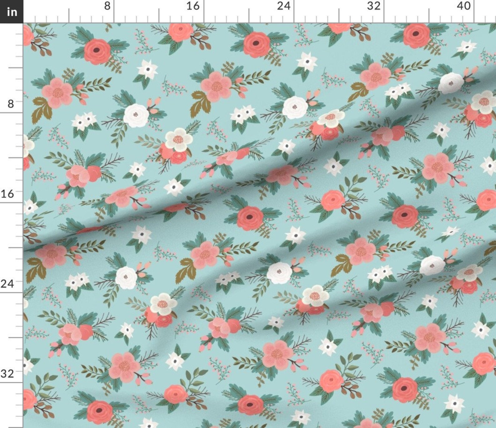 Boho Spring Floral Fabric Spring Bouquets in Aqua by | Etsy