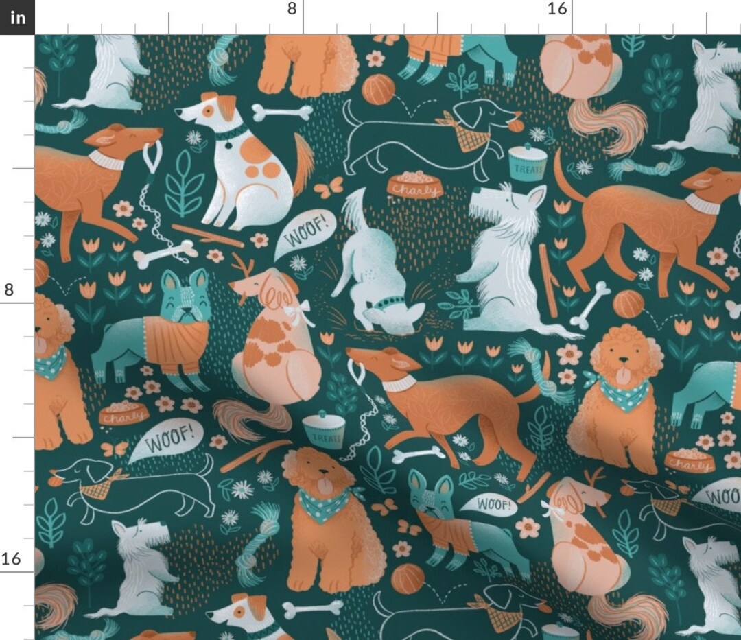 Cute Dogs Fabric Playful Puppies by Fineapple_pair Dog Breeds Teal ...