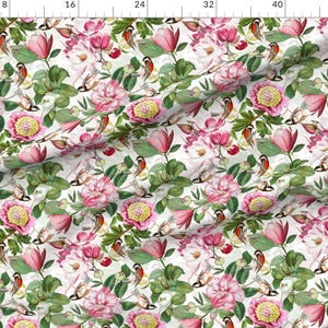Spring Magnolia Apparel Fabric - Vintage Spring Birds by Utart ...