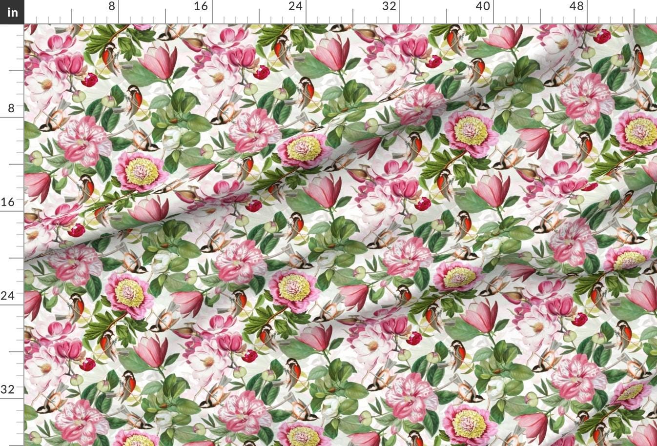 Spring Magnolia Apparel Fabric - Vintage Spring Birds by Utart ...