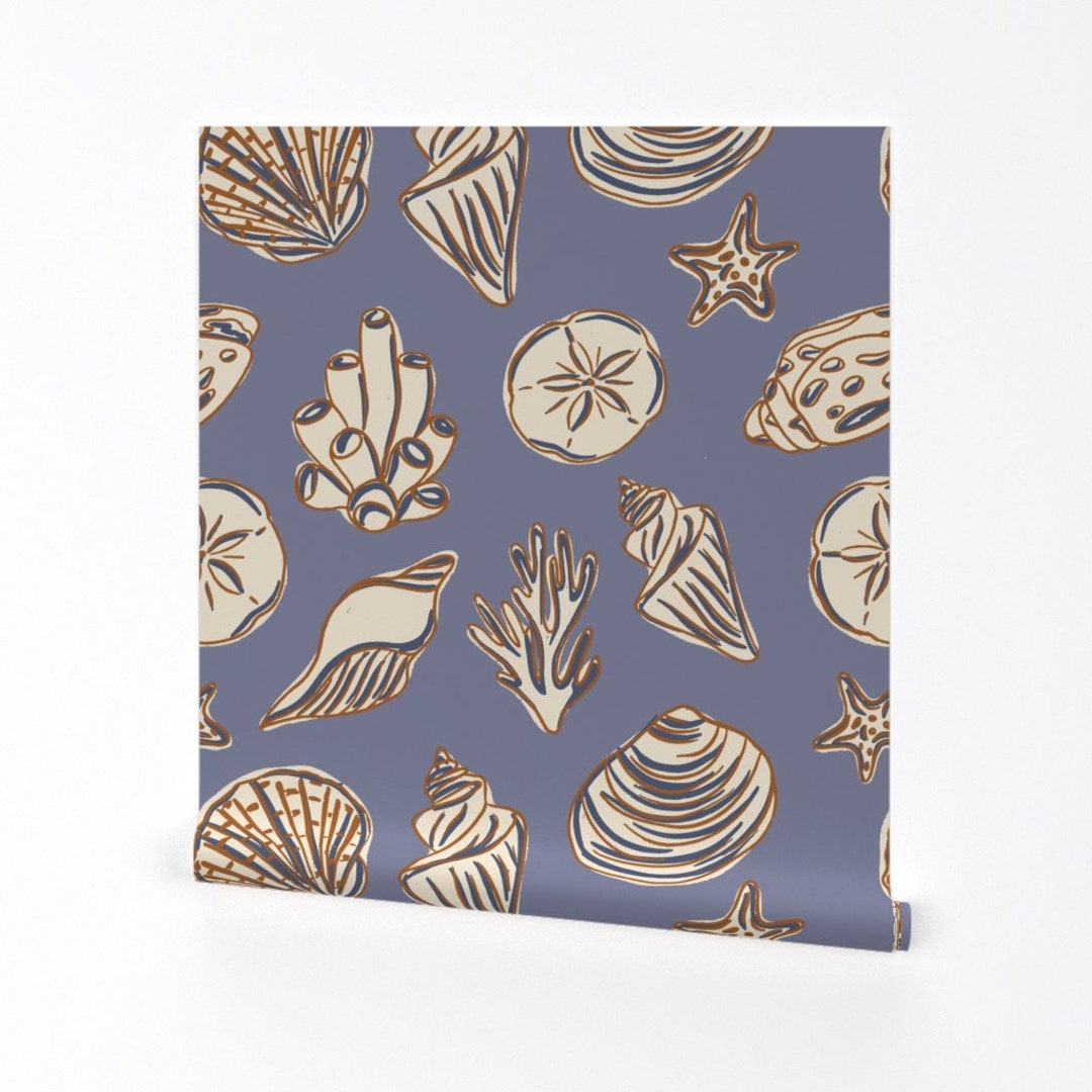 Seashells on Blue Wallpaper Seashells by Vivieandashpatterns Coastal ...