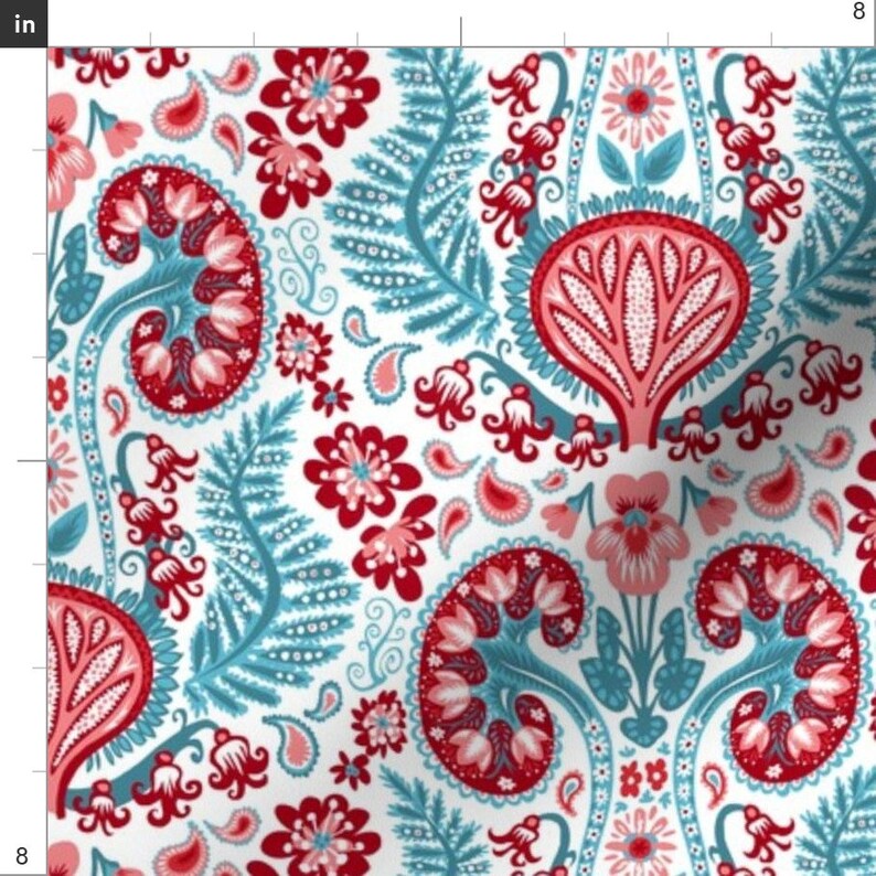 Kidney Damask Fabric Kidney Damask Red/teal by Chantal Pare - Etsy
