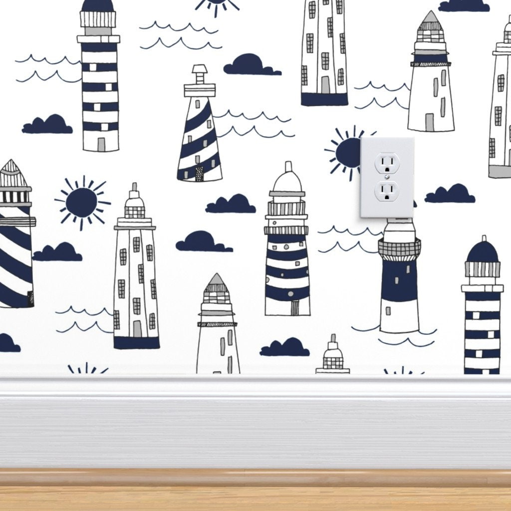 Lighthouse Wallpaper Navy White Summer Nautical by Andrea | Etsy