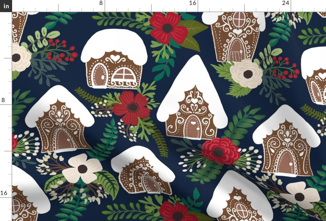 Gingerbread Fabric - Gingerbread Houses and Christmas Florals - Navy ...