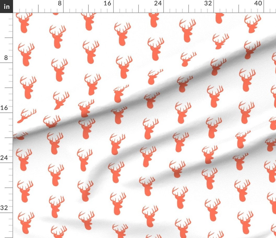 Coral Deer Head Fabric Coral Deer on White by Modfox Coral - Etsy