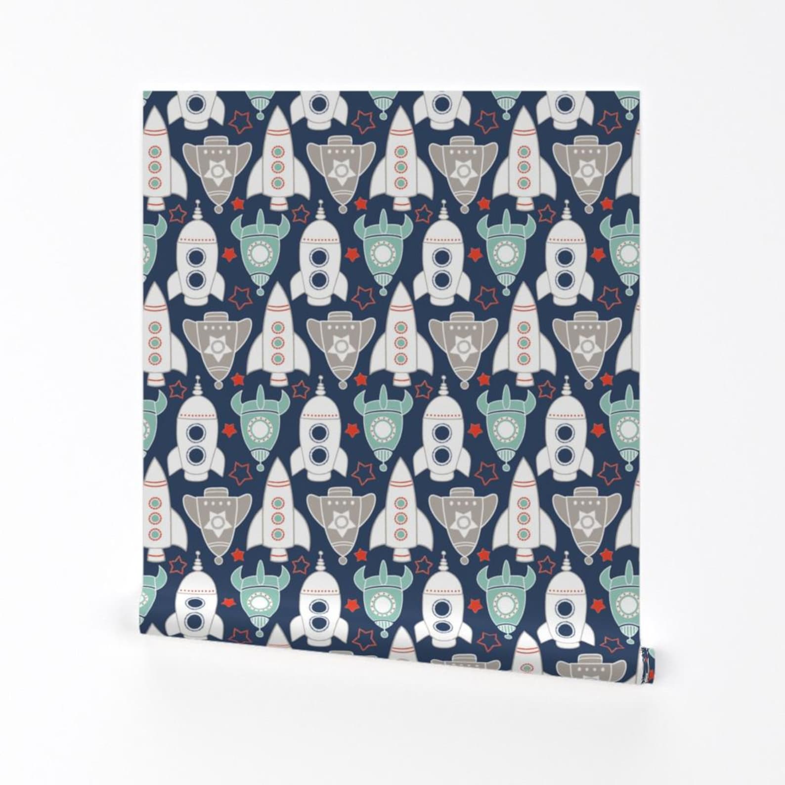 Rocket Ships Wallpaper - Rocket Race in Navy by Sugarfresh - Space Boy ...