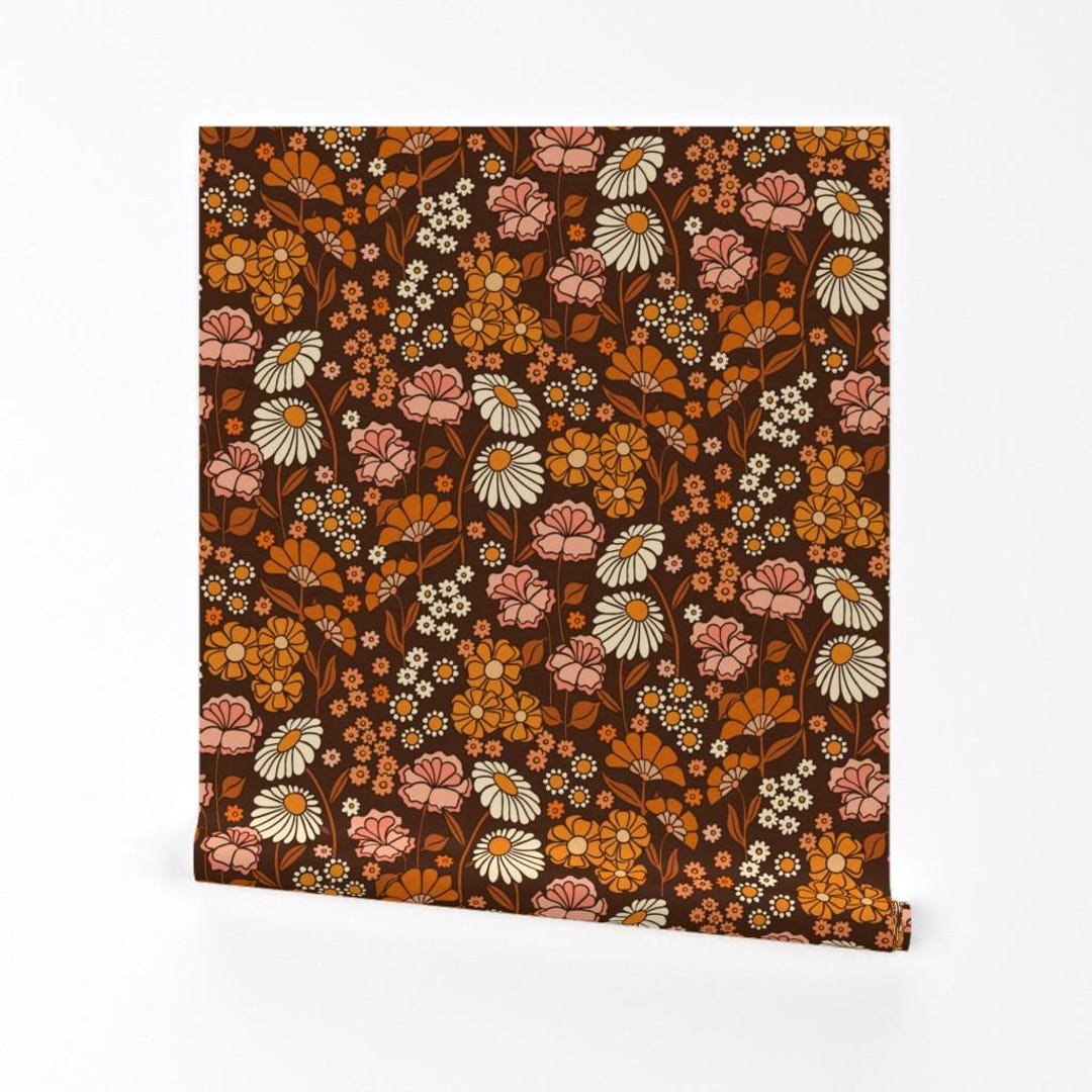 Brown Vintage Floral Removable Peel and Stick Wallpaper - Retro Daisies ...