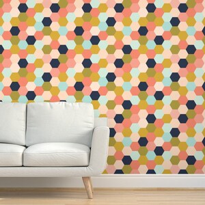 Coral Jubilee Wallpaper Hexagon Coral Jubilee by Ivieclothco - Etsy