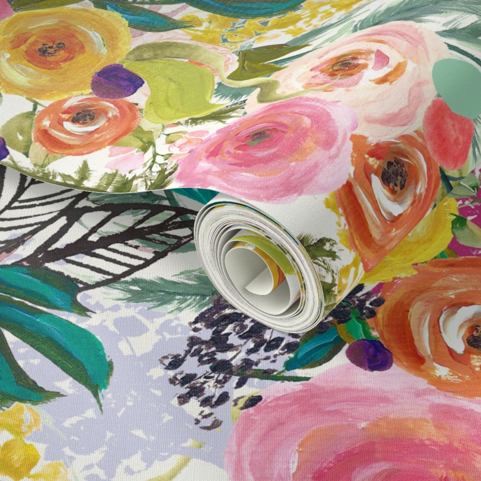 Bold Floral Wallpaper Bright Blooms Painted Floral by - Etsy