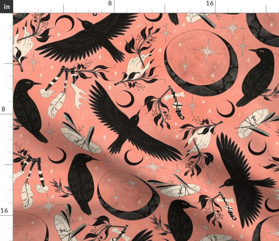 Raven Pink Halloween Moon Fabric Raven Tarot Birds Black and Pink by ...