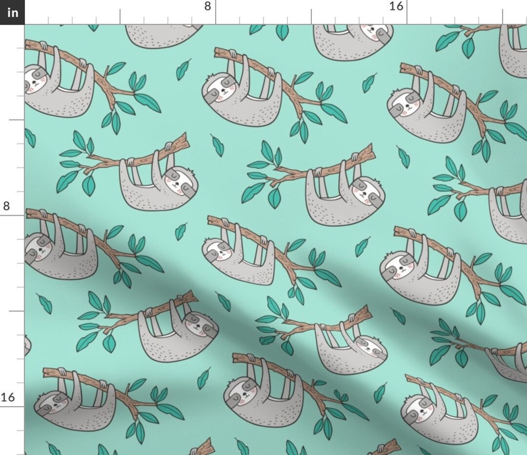 Mint Sloth Fabric Sloth Sloths on Tree Branch With Leaves on Mint Green ...