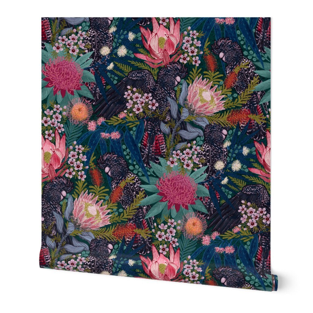 Australian Flora Wallpaper Black Cockatoos Chintz by | Etsy