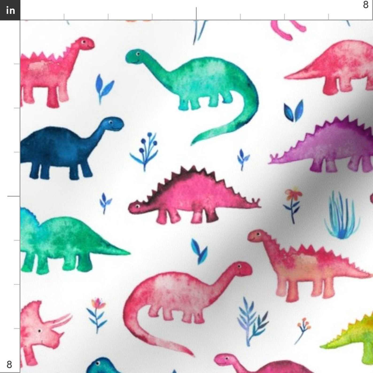 Dino Fabric Little Multicolored Dinos on White by Micklyn | Etsy