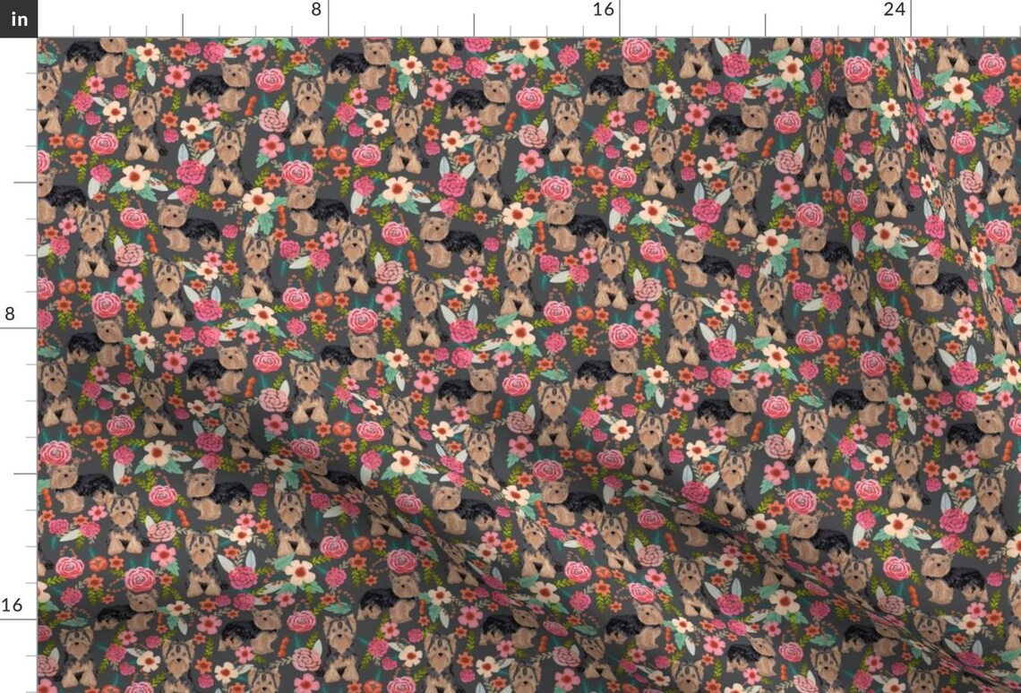 Floral Yorkies Fabric - Yorkie Florals Fabric Yorkshire Terrier Floral ...