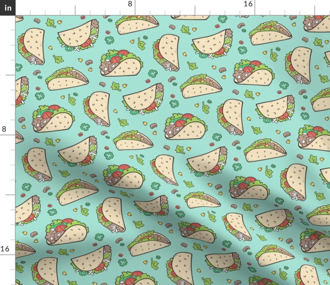 Tacos Fabric Tacos Food on Mint Green by Caja Design Tacos Mexican Food ...