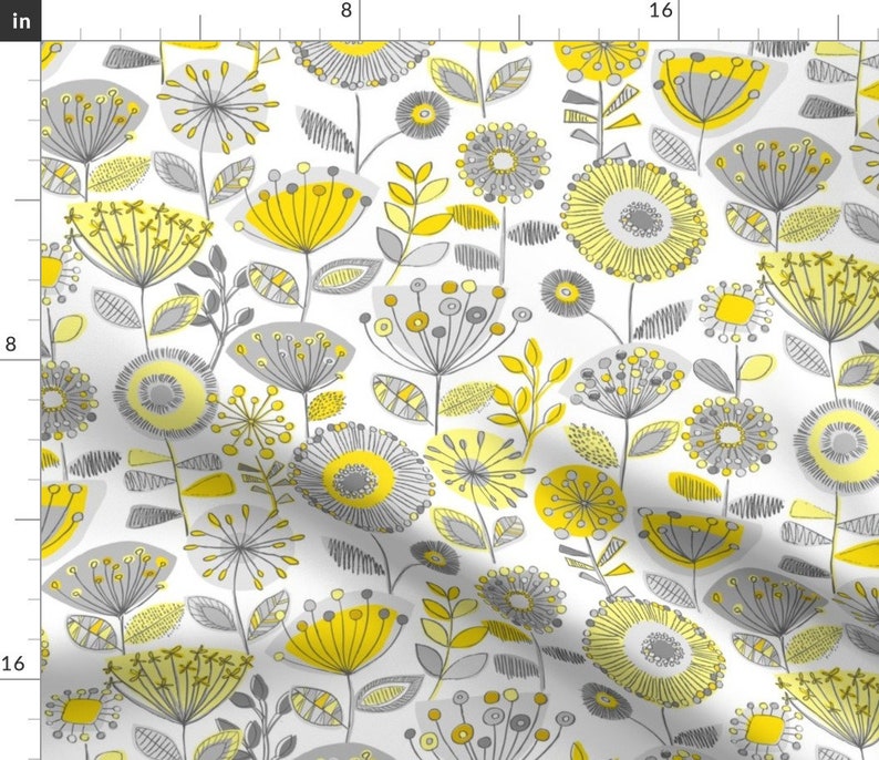 Floral Fabric Retro Flowers by Cressida Carr Yellow Gray | Etsy