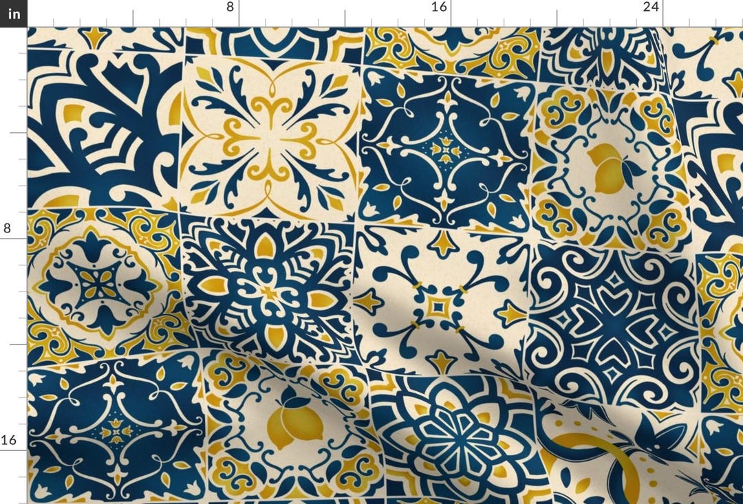 Blue Yellow Tiles Fabric - Tuscan Villa Tiles by Sanne_paul - Lemons ...