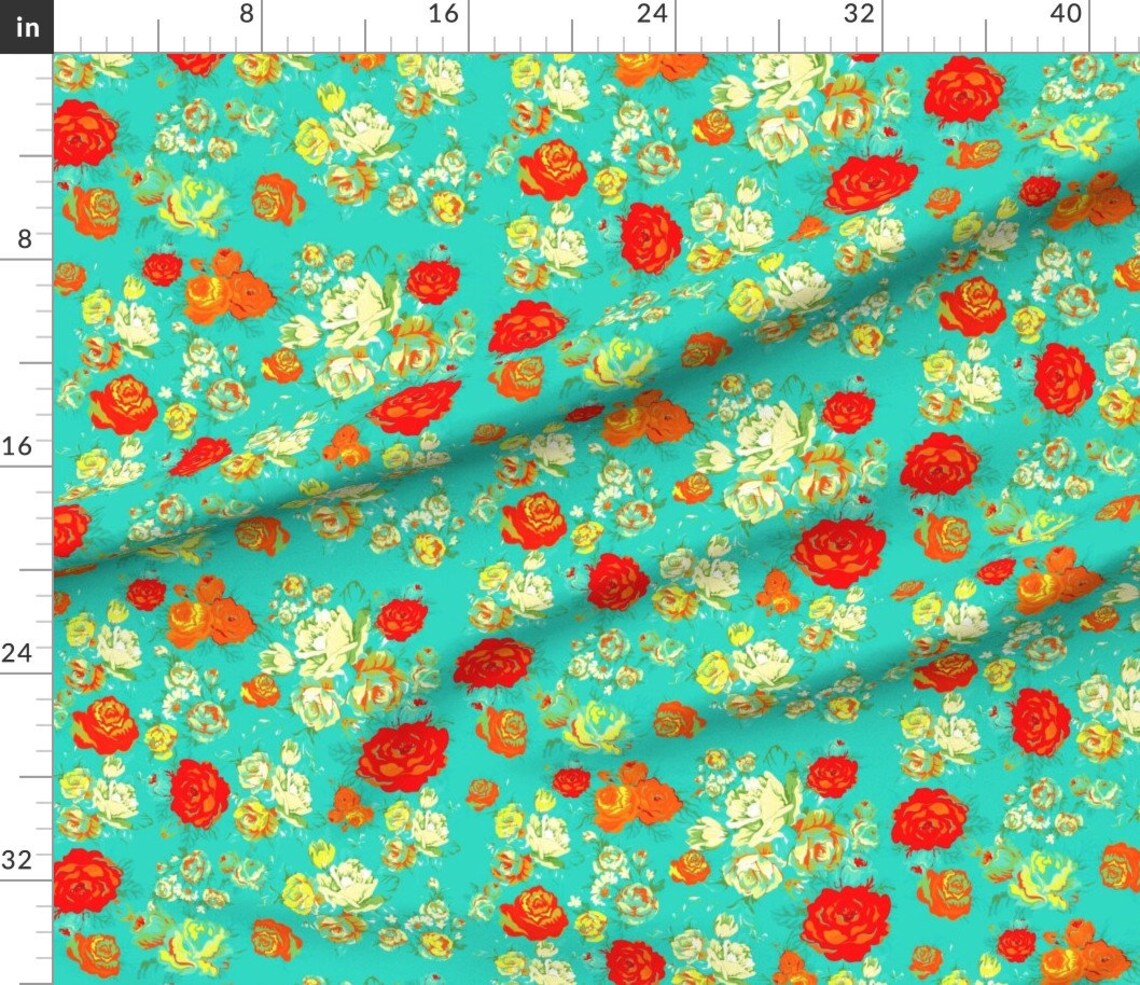 Turquoise Floral Fabric Yellow and Red Roses on Turquoise by - Etsy
