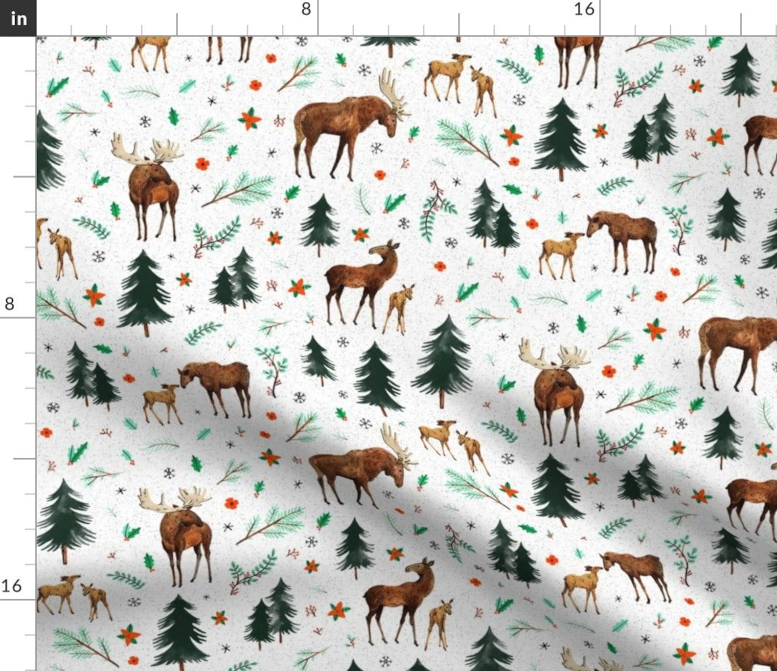 Moose Fabric Alpine Moose in White by Wildship Watercolor - Etsy