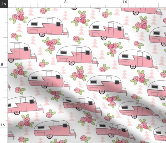 Pink Camper Fabric Large Pink Trailers With Rosebuds on - Etsy
