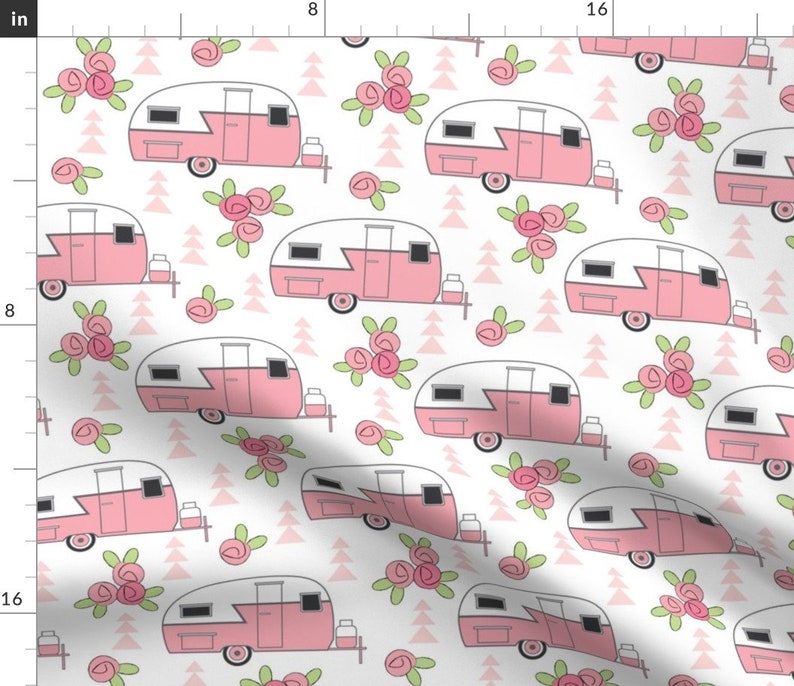 Pink Camper Fabric Large Pink Trailers With Rosebuds on - Etsy