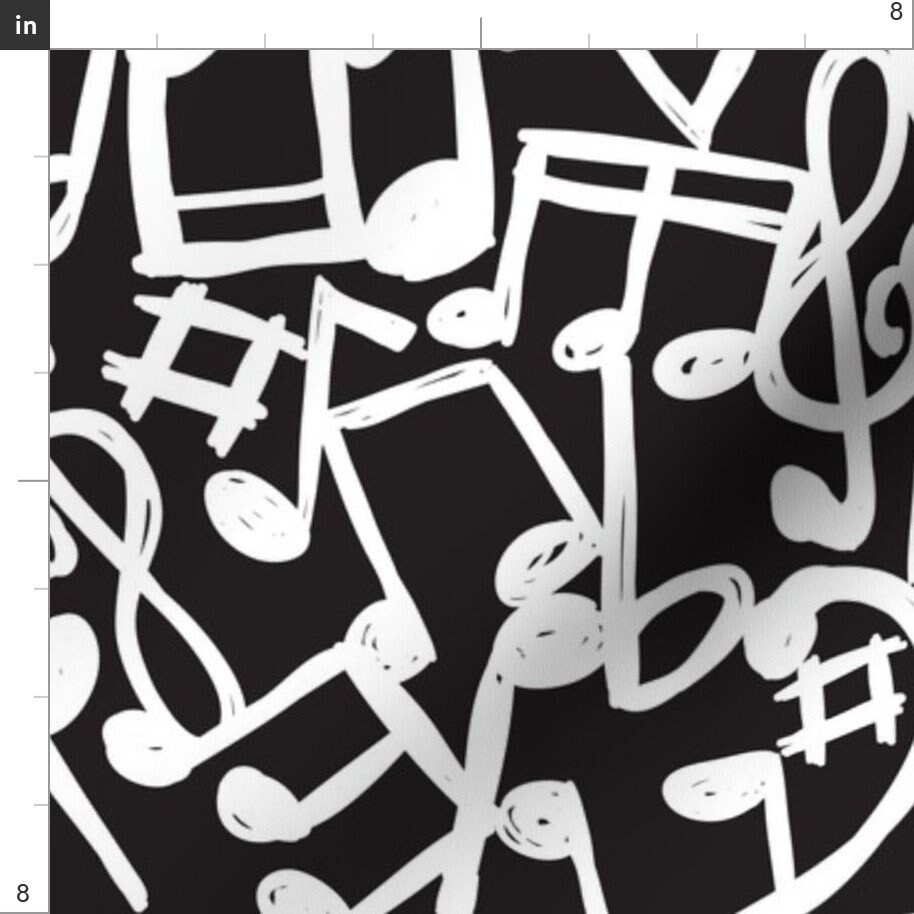 Song Fabric Music Eighth Notes Treble Bass White on Black | Etsy