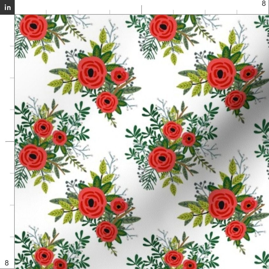 Red Floral Fabric 4 Winter Blooms White By Shopcabin | Etsy