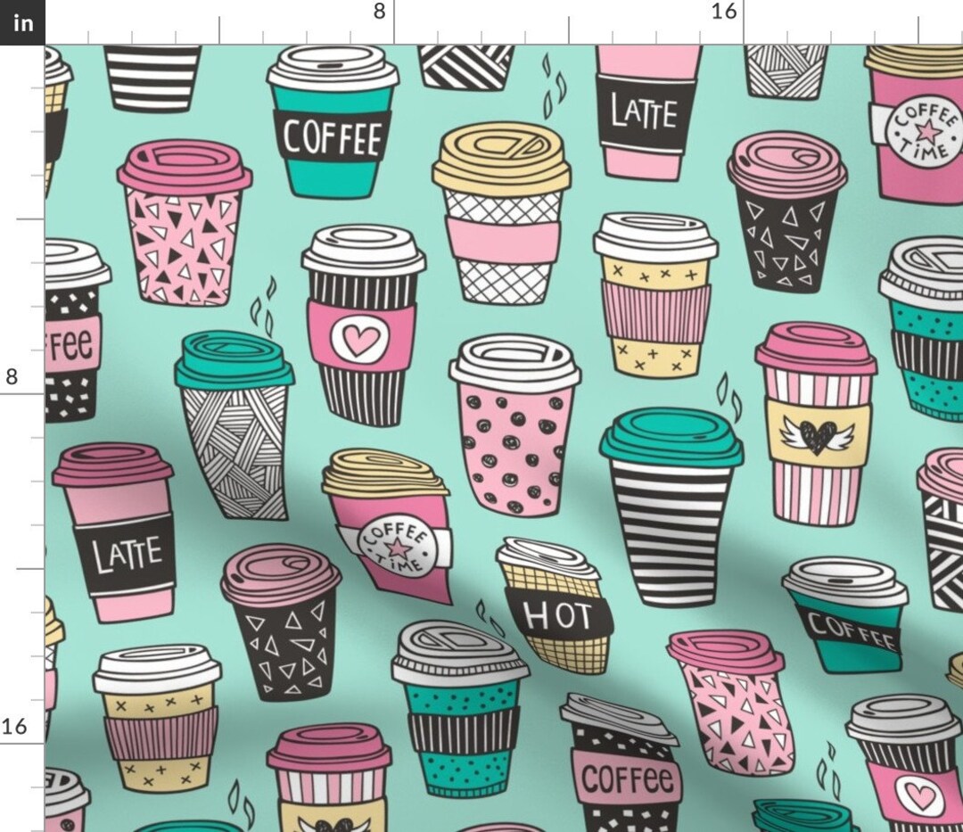 Coffee Fabric Coffee Latte Geometric Patterned Black Mint - Etsy