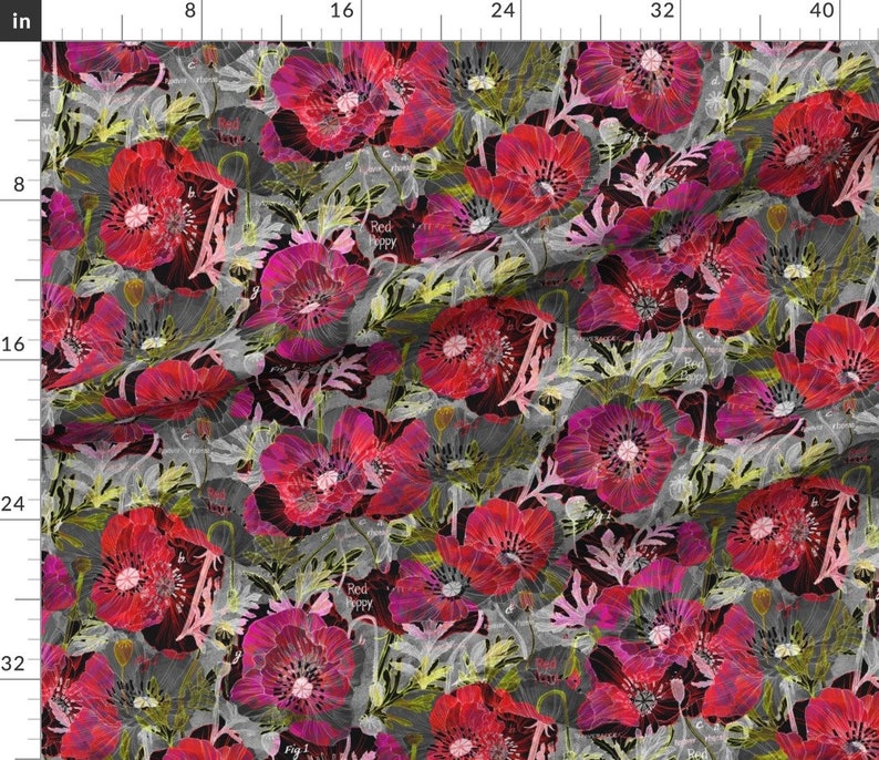 Bold Botanical Fabric Romance Poppies Mod Dark Botanical by | Etsy