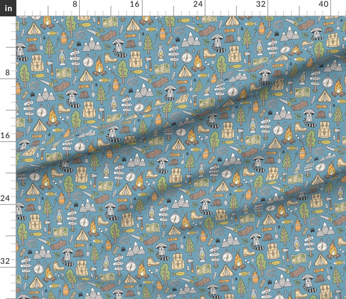 Camping Fabric Outdoors Camping Woodland Campfire Raccoon - Etsy