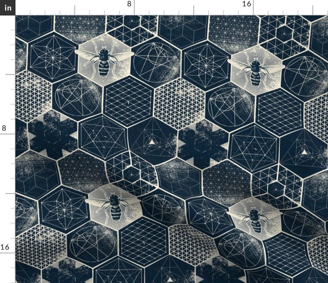 Hexagon Fabric the Honeycomb Conjecture by Strange Phenomena Hexagon Bees Geometry Blue Ivory ...