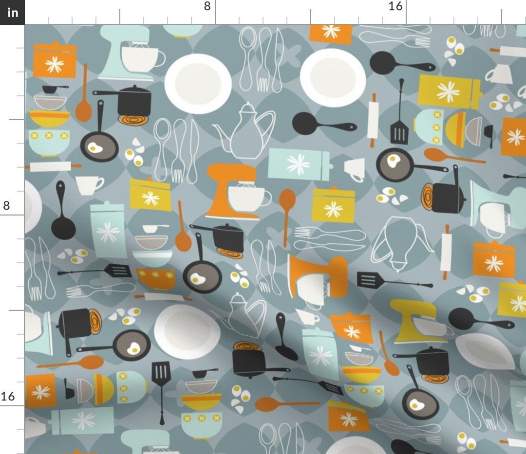 Mid Century Cooking Fabric Mod Kitchen by Cynthiafrenette Grey Orange ...