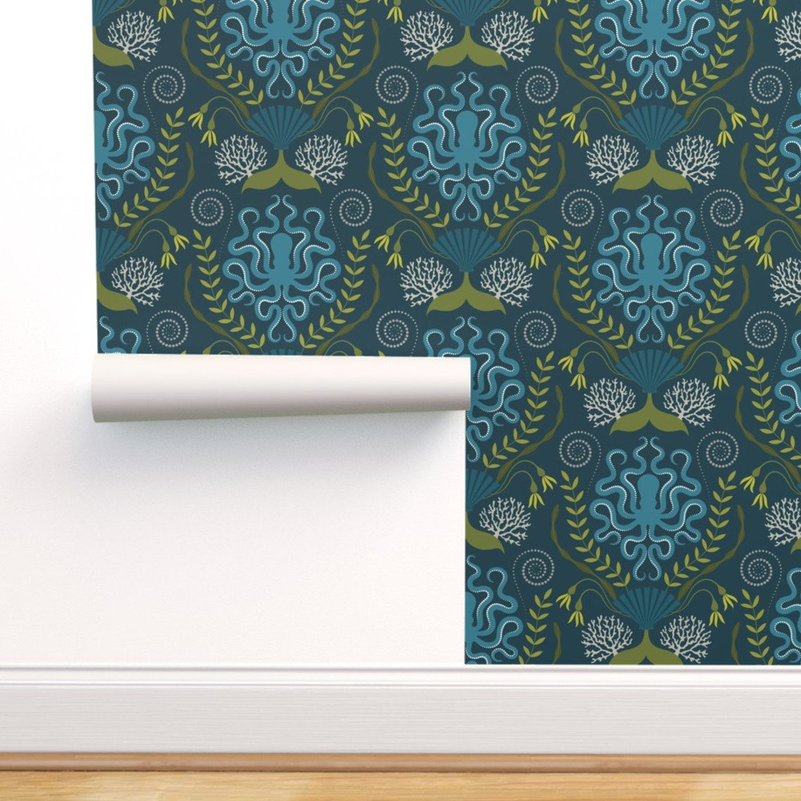 Nautical Wallpaper Navy Nautical Damask by Katerhees | Etsy